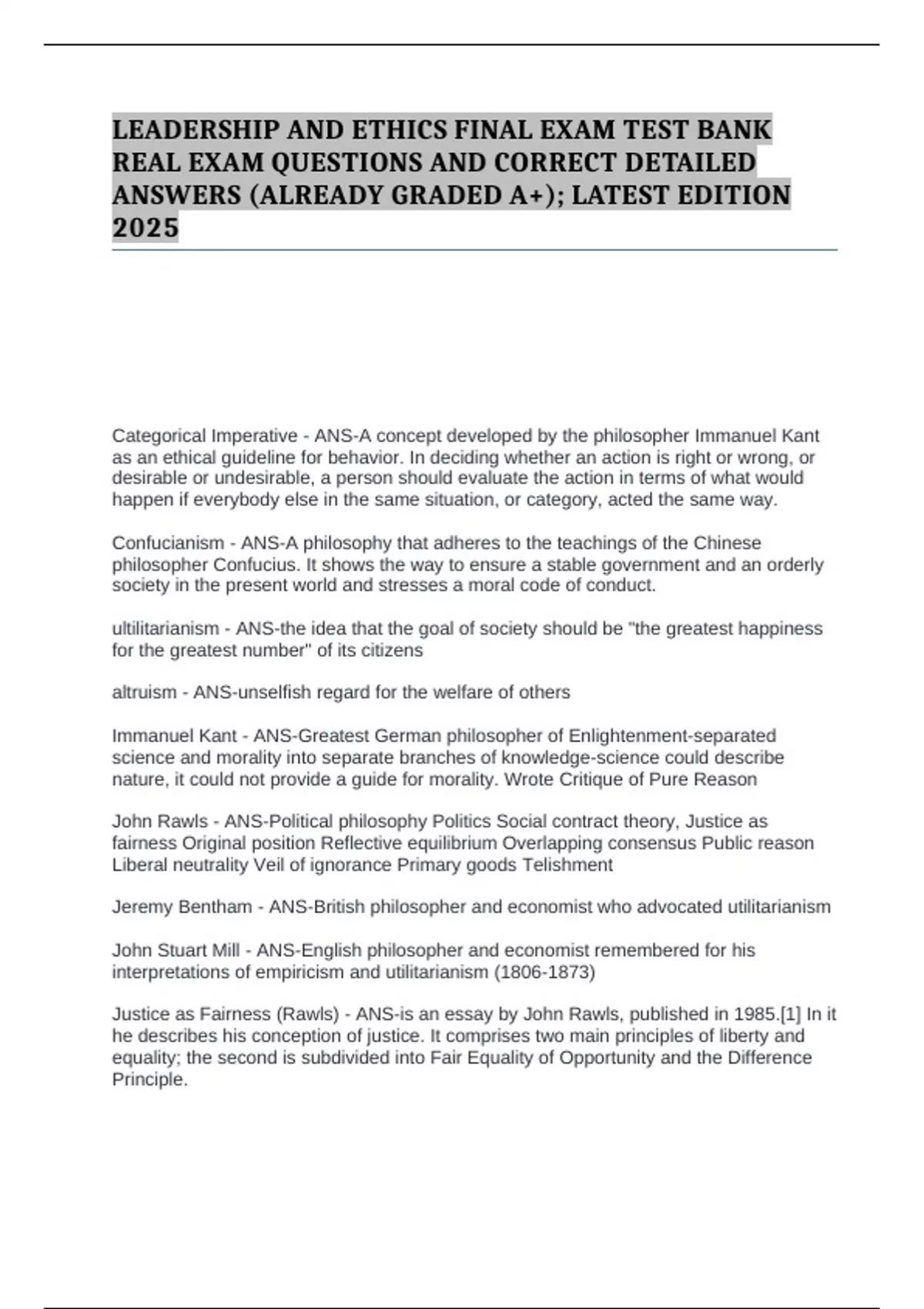 LEADERSHIP AND ETHICS FINAL EXAM TEST BANK REAL EXAM QUESTIONS AND ...