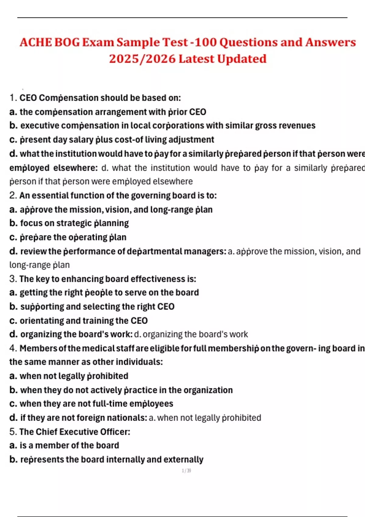 ACHE BOG Exam SampleTest-100Questions and Answers 2025/2026 Latest ...