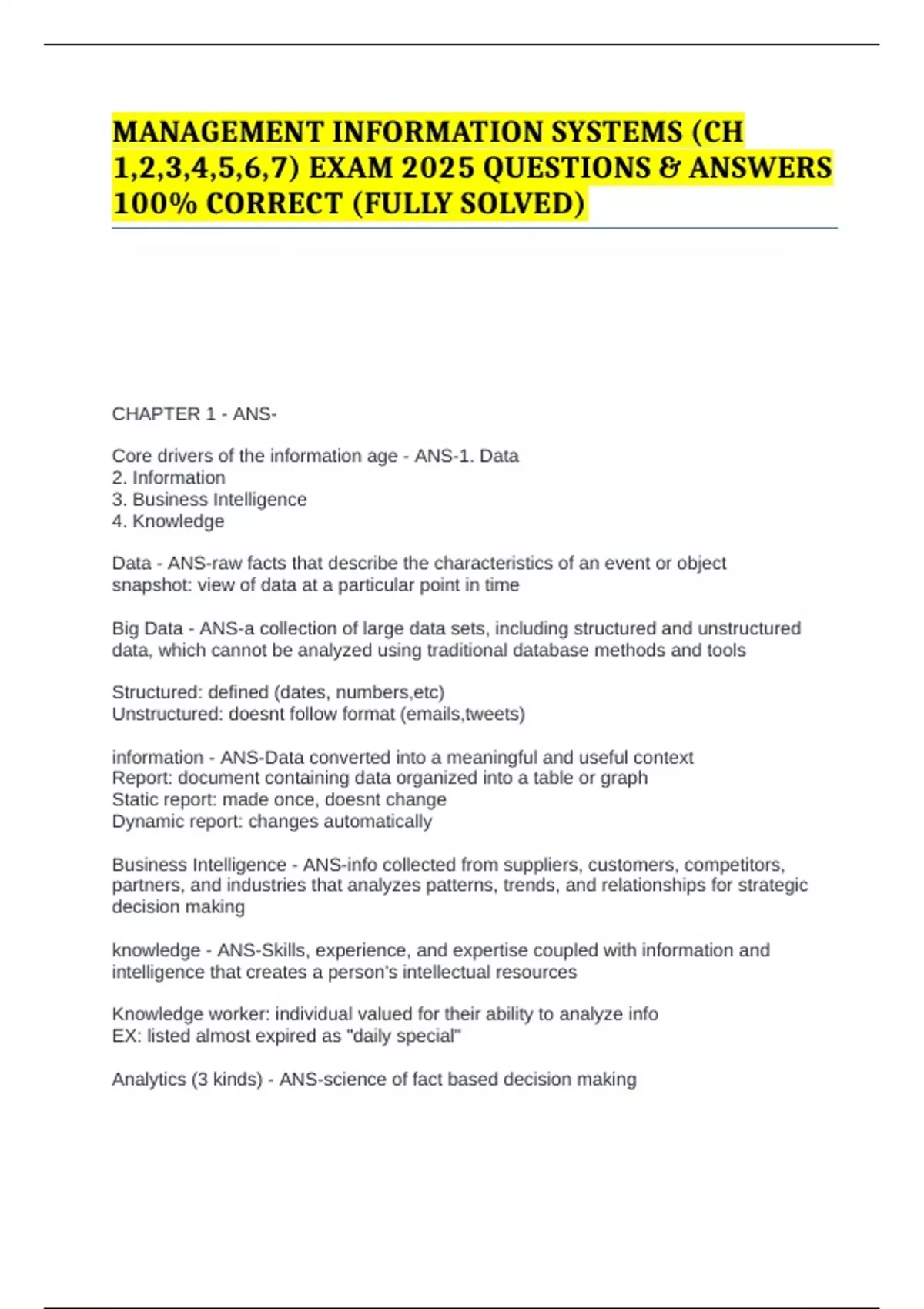 MANAGEMENT INFORMATION SYSTEMS (CH 1,2,3,4,5,6,7) EXAM 2025 QUESTIONS & ANSWERS - Management ...