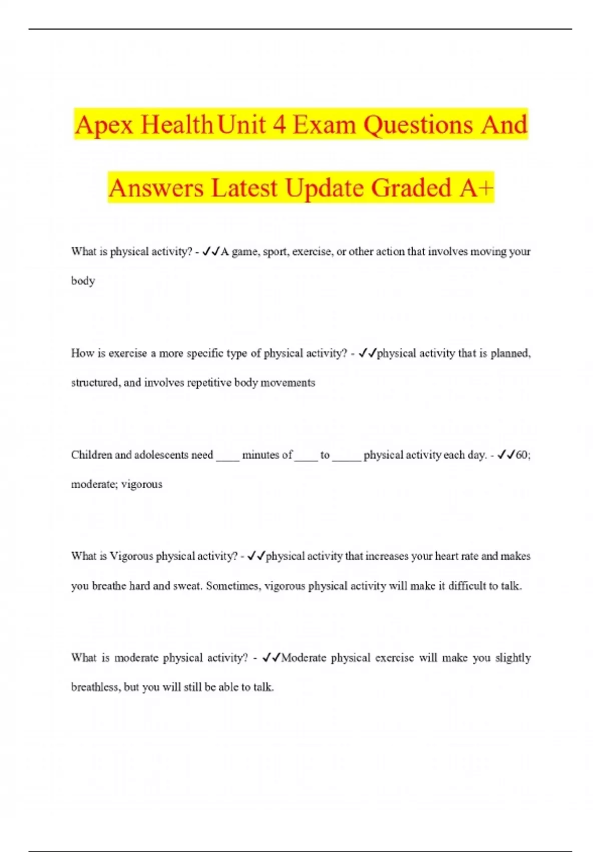 Apex Health Unit 4 Exam Questions And Answers Latest Update Graded A+ ...