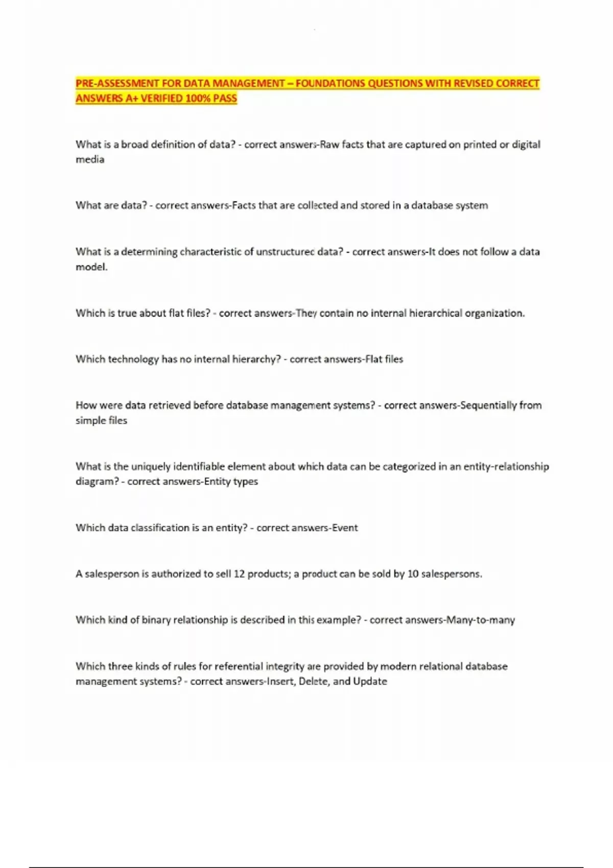 PRE-ASSESSMENT FOR DATA MANAGEMENT – FOUNDATIONS QUESTIONS WITH REVISED CORRECT ANSWERS A+ ...