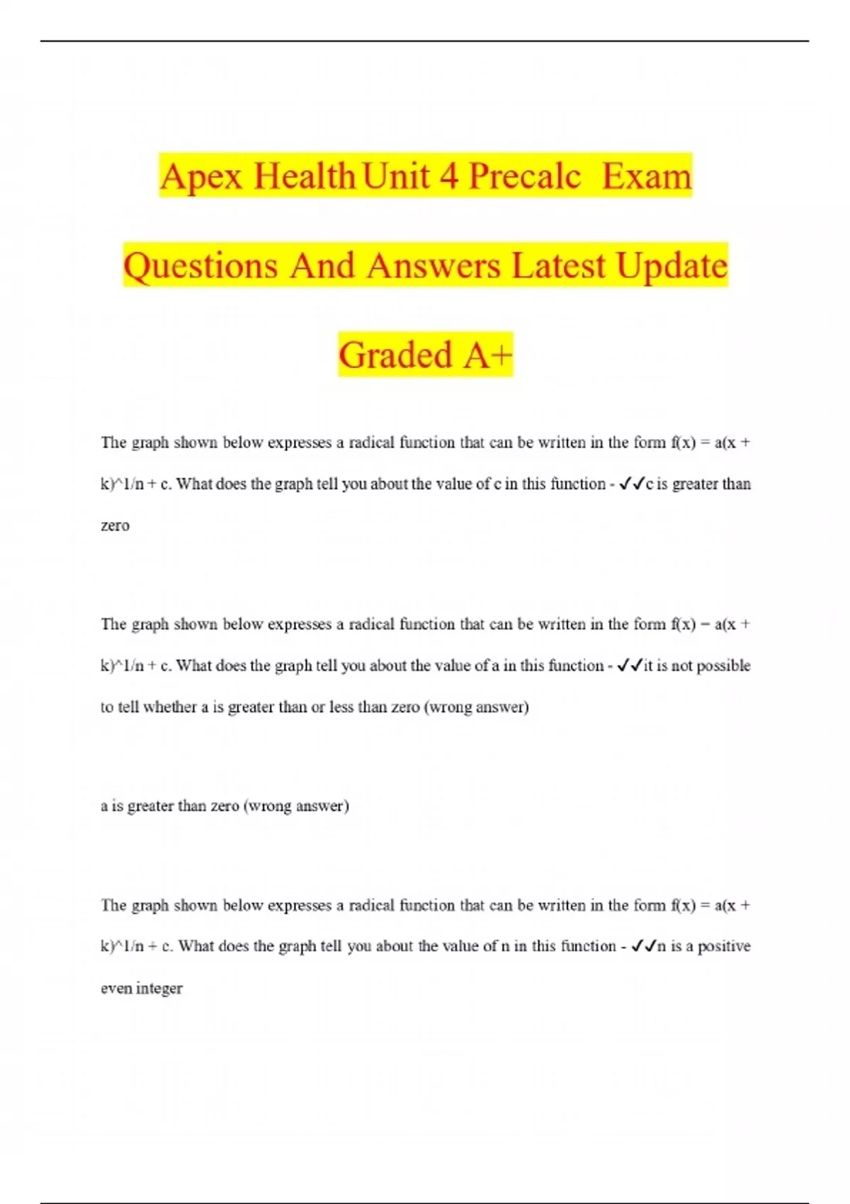 Apex Health Unit 4 Exam Questions And Answers Latest Update Graded A+ ...