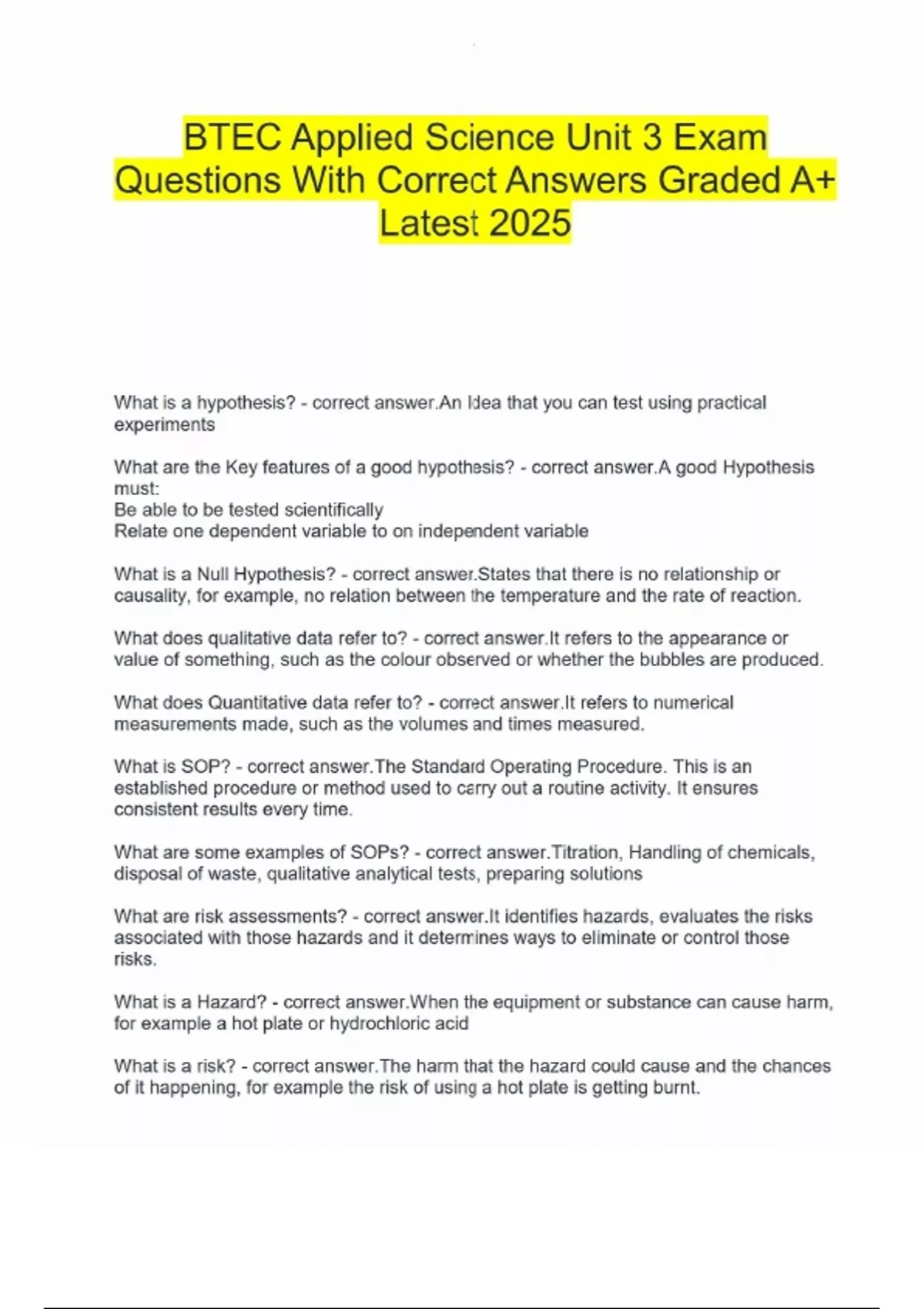 BTEC Applied Science Unit 3 Exam Questions With Correct Answers Graded ...