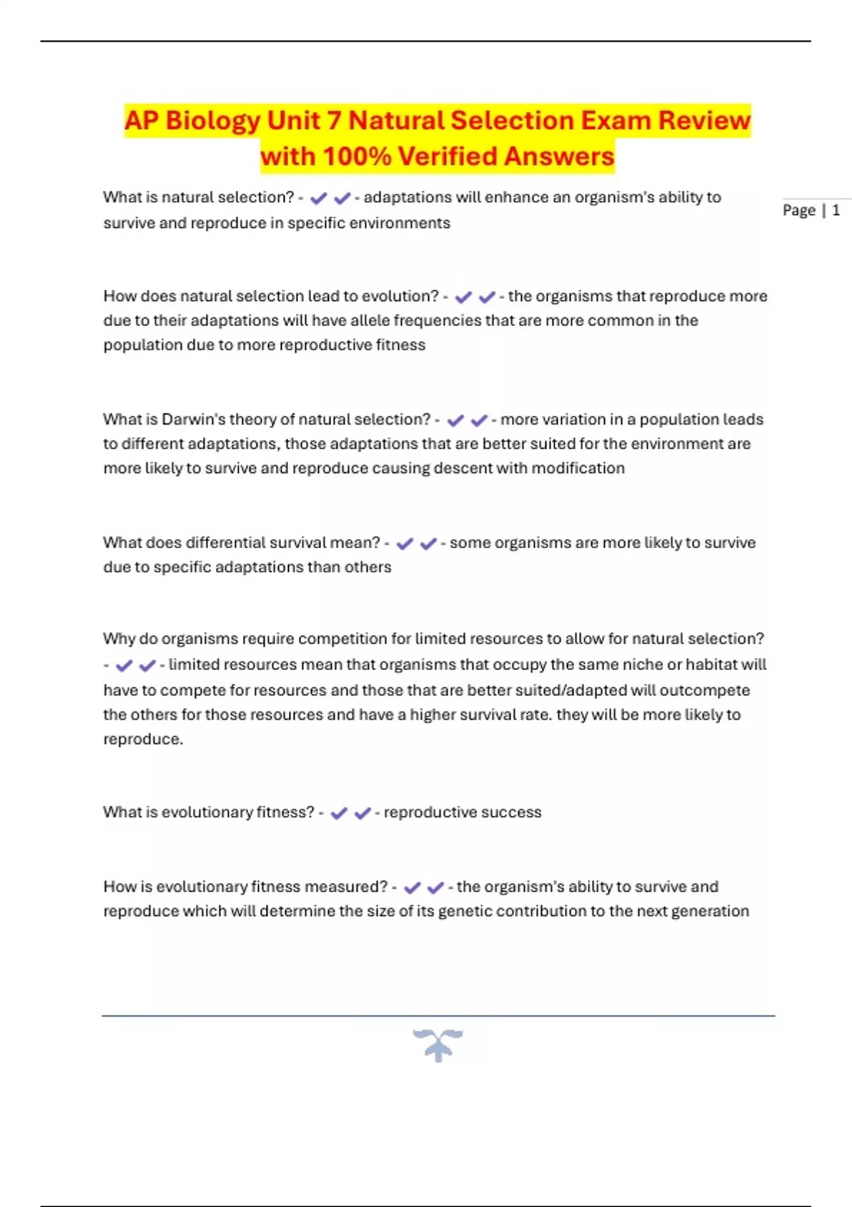 AP Biology Unit 7 Natural Selection Exam Review with 100% Verified ...