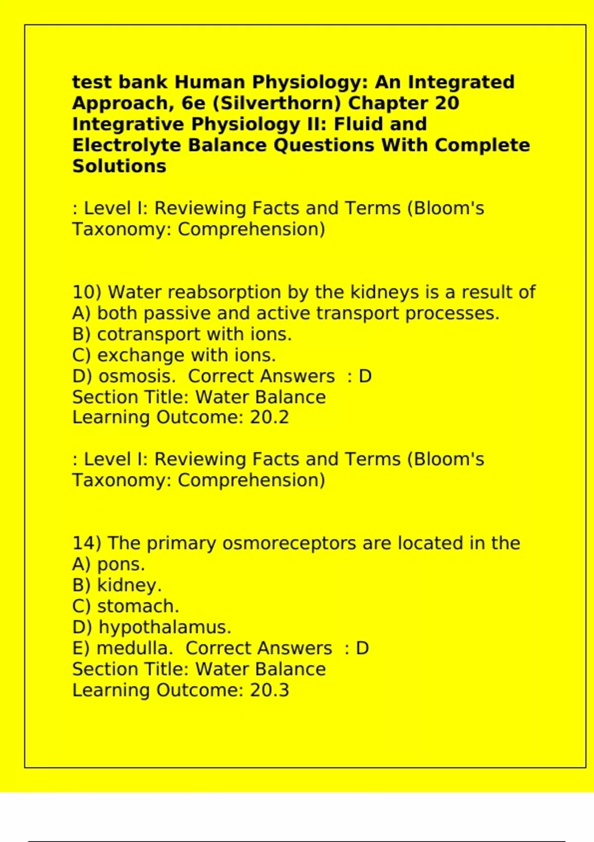 test bank Human Physiology: An Integrated Approach, 6e (Silverthorn ...