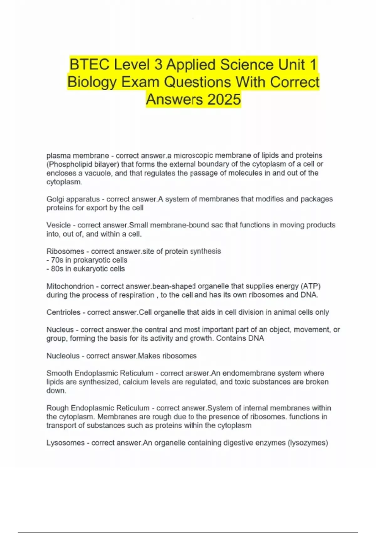 BTEC Level 3 Applied Science Unit 1 Biology Exam Questions With Correct ...