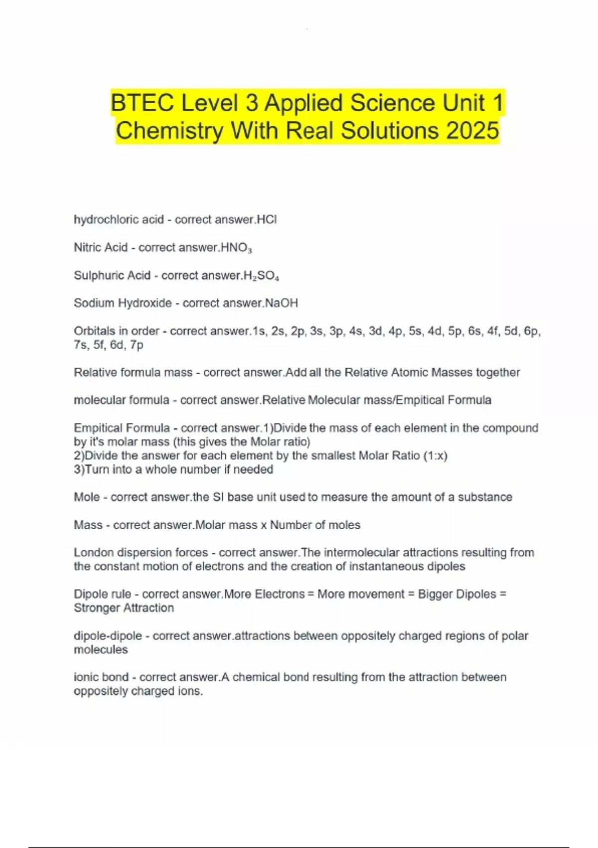 Btec Level 3 Applied Science Unit 1 Chemistry With Real Solutions 2025 Btec Level 3 Applied