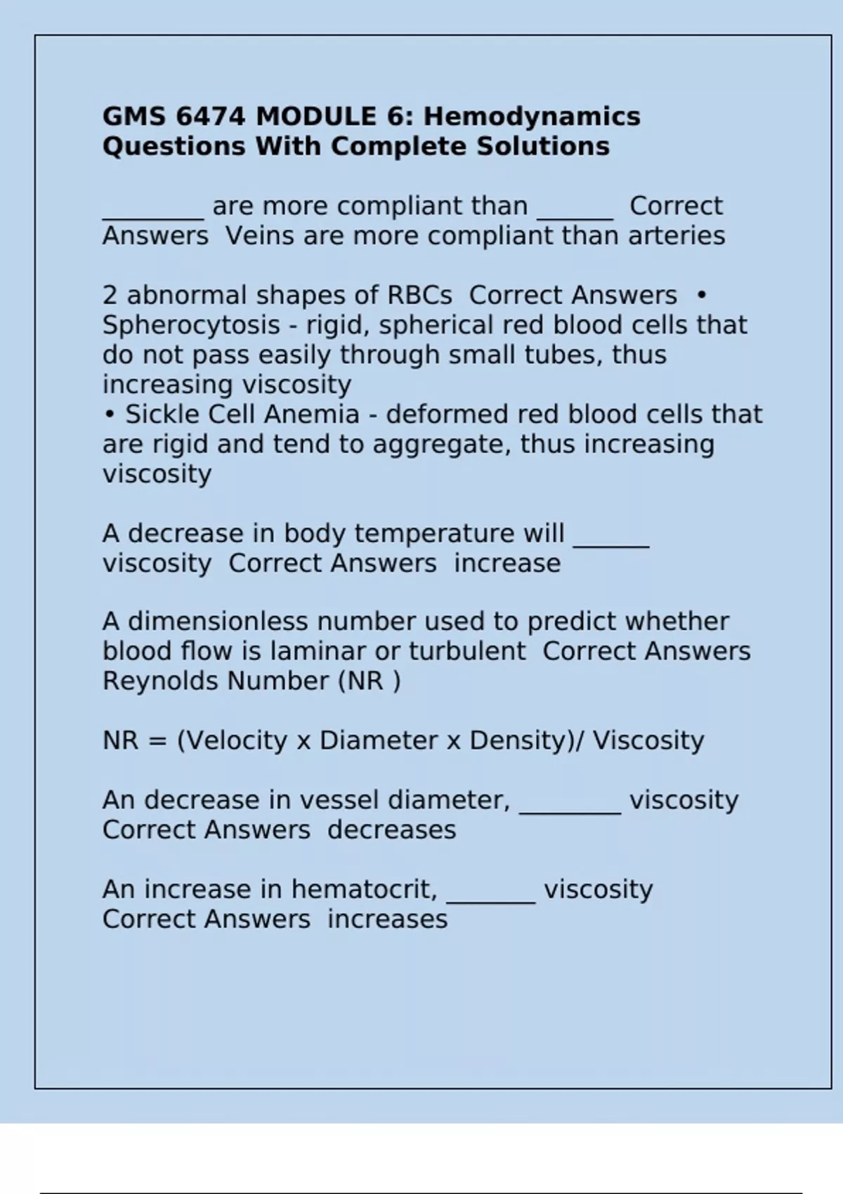GMS 6474 MODULE 6: Hemodynamics Questions With Complete Solutions - GMS 6474 - Stuvia US