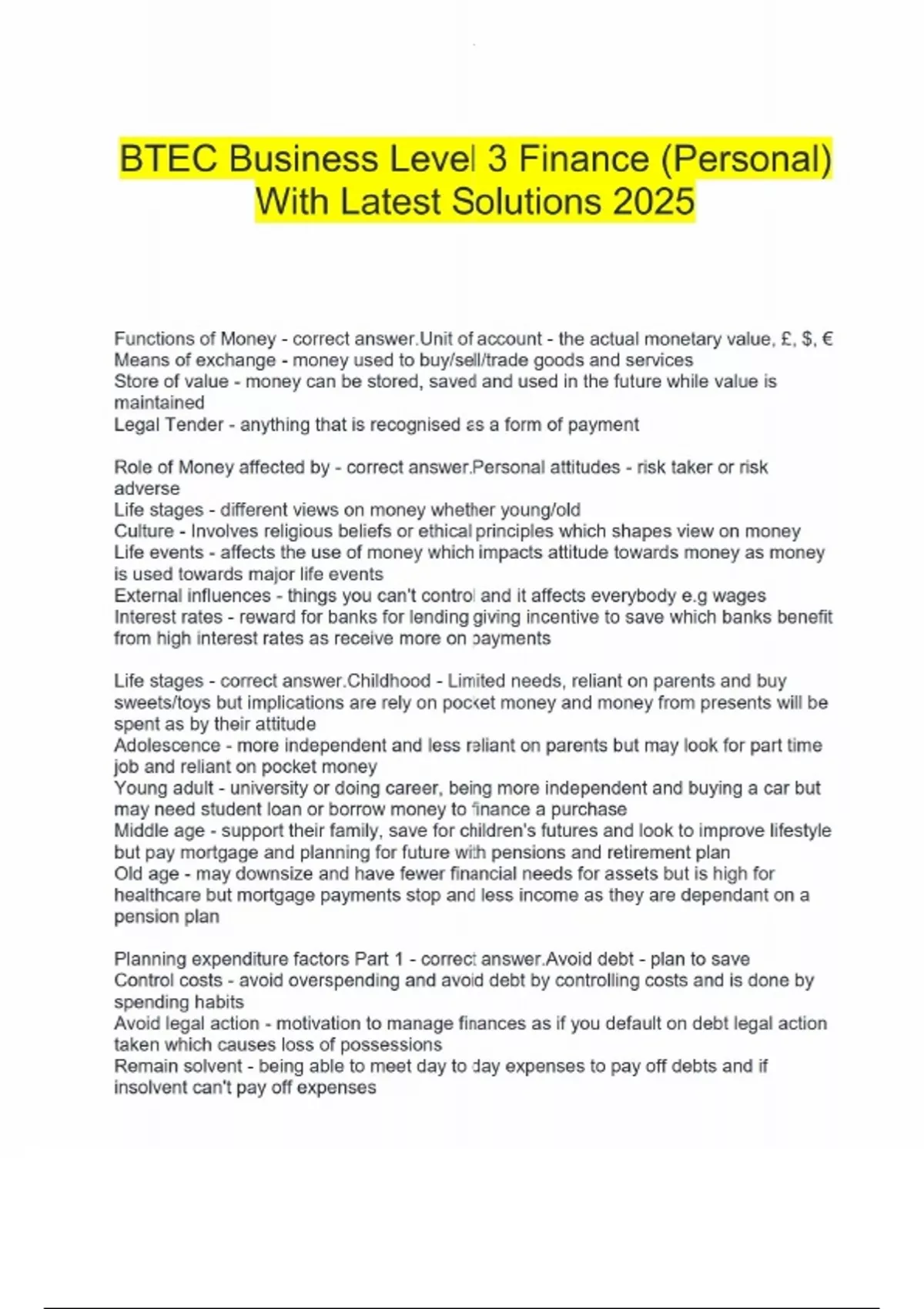 BTEC Business Level 3 Finance (Personal) With Latest Solutions 2025 ...