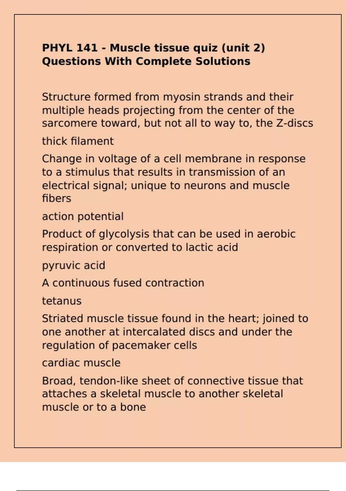 PHYL 141 - Muscle tissue quiz (unit 2) Questions With Complete ...