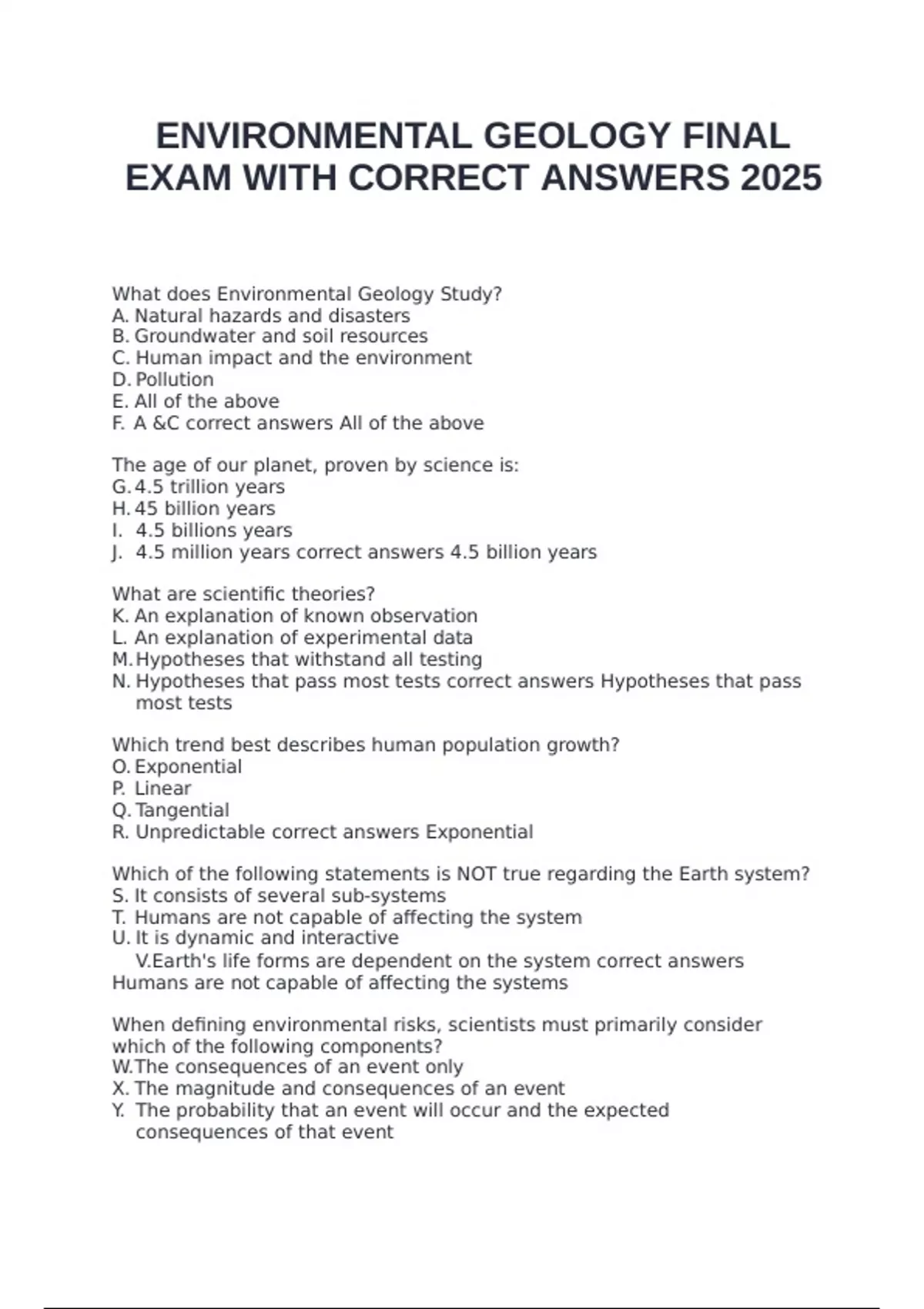 ENVIRONMENTAL GEOLOGY FINAL EXAM WITH CORRECT ANSWERS 2025 ...