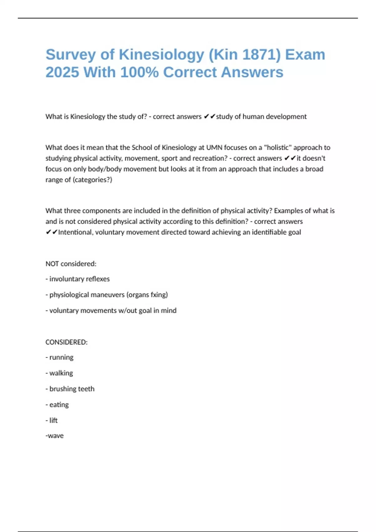 Survey of Kinesiology (Kin 1871) Exam 2025 With 100% Correct Answers - Survey of Kinesiology ...