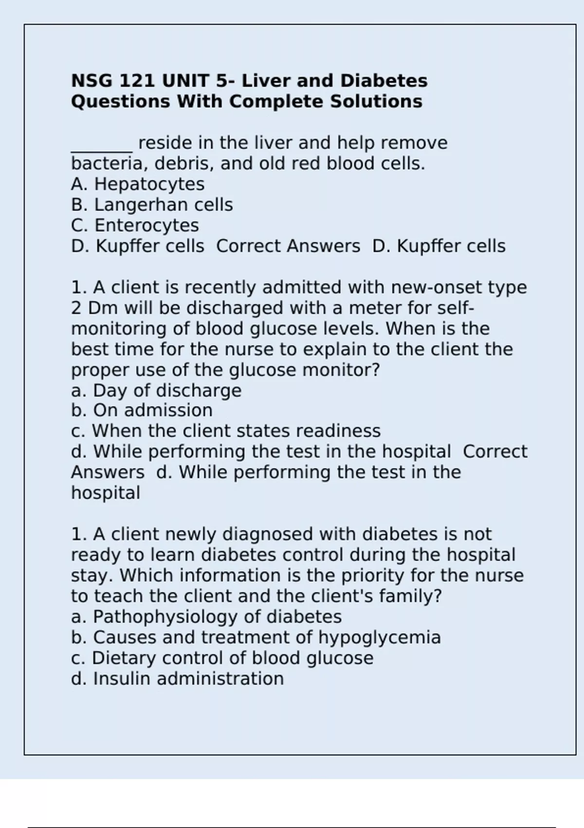 NSG 121 UNIT 5- Liver and Diabetes Questions With Complete Solutions ...