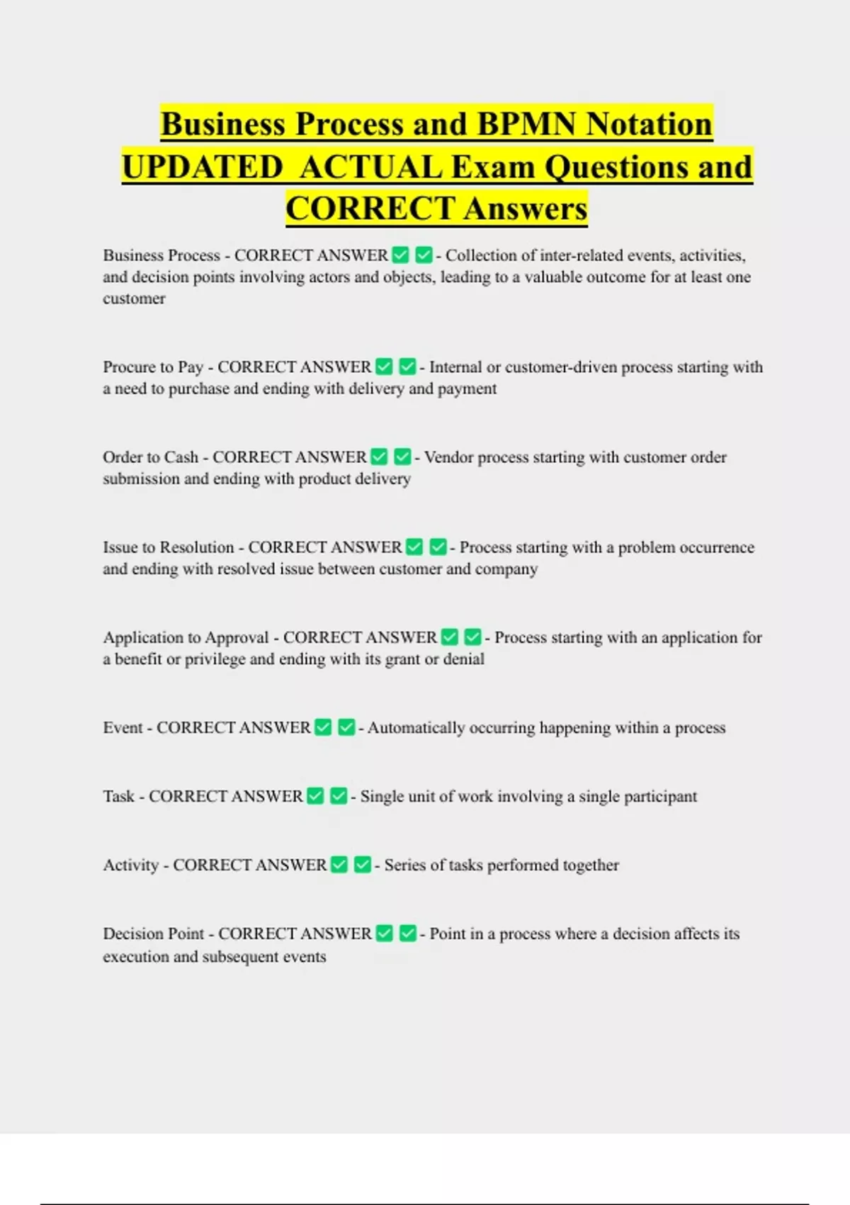 BPMN Bundled Exam Questions WITH CORRECT Answers - Stuvia US