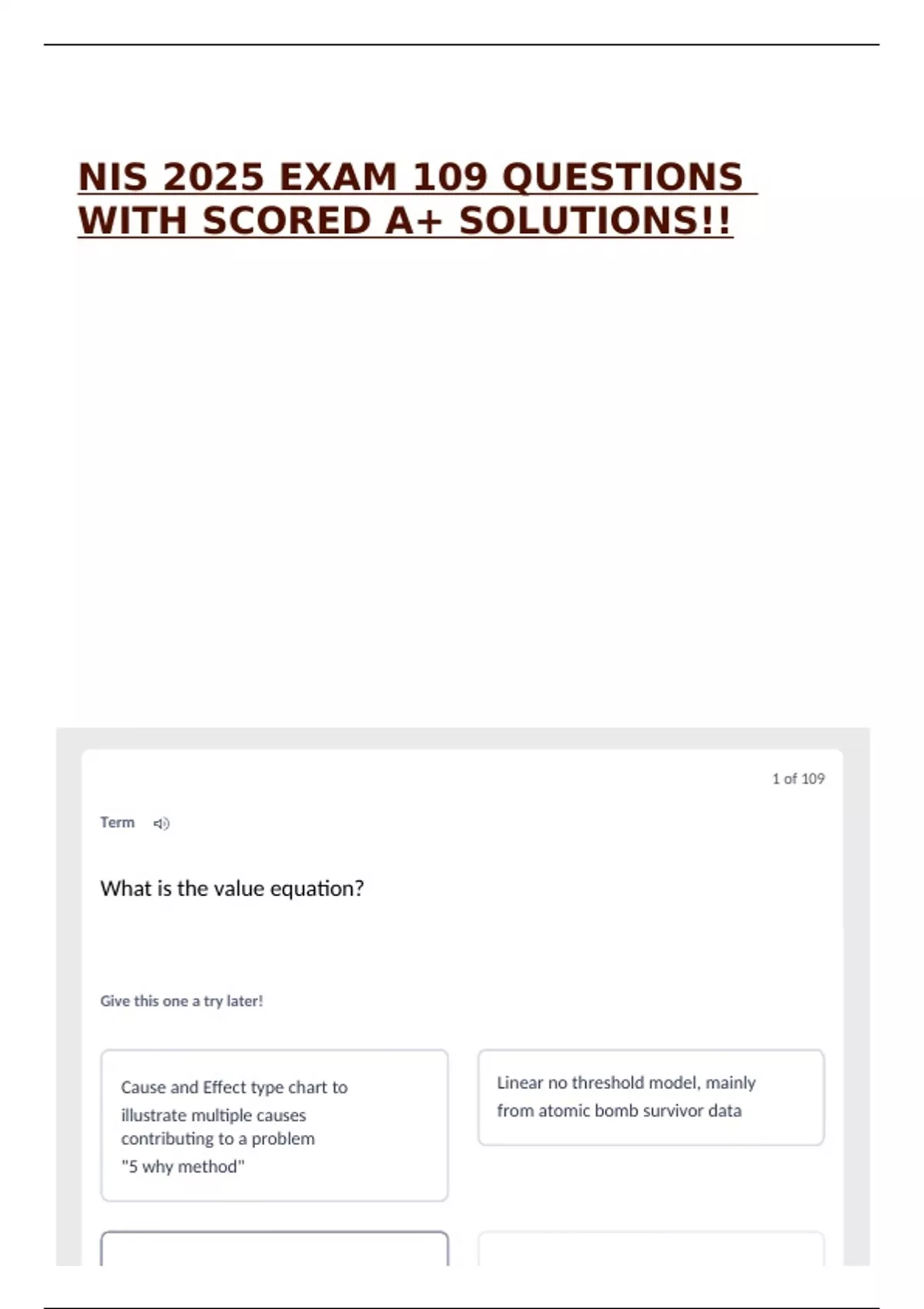 NIS 2025 EXAM 109 QUESTIONS WITH SCORED A+ SOLUTIONS!! - NIS - Stuvia US