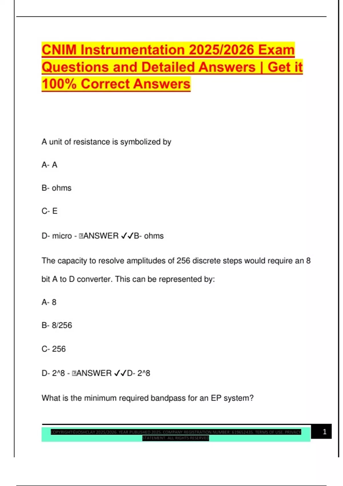 CNIM Instrumentation 2025/2026 Exam Questions and Detailed Answers ...