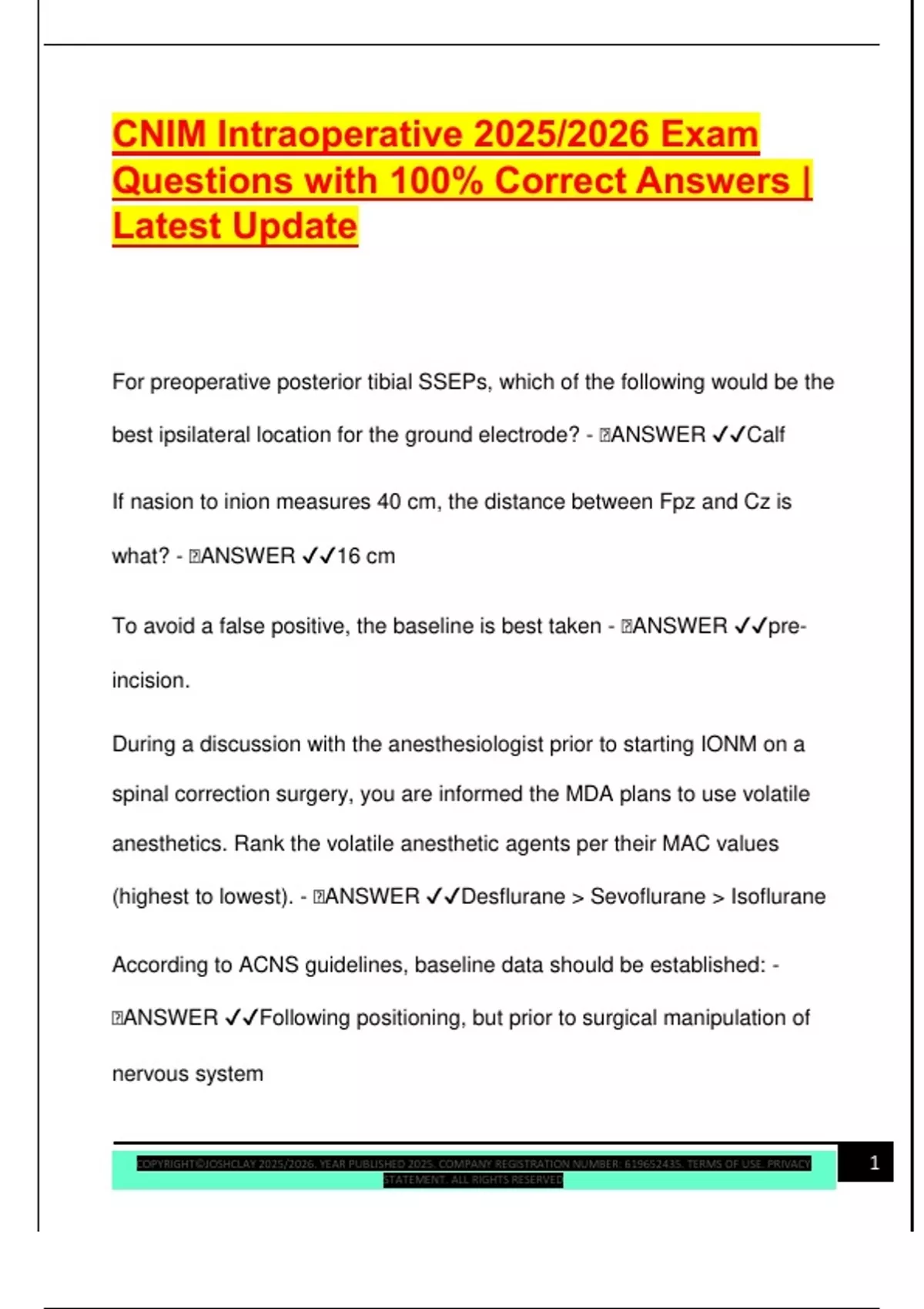 CNIM Intraoperative 2025/2026 Exam Questions with 100% Correct Answers ...