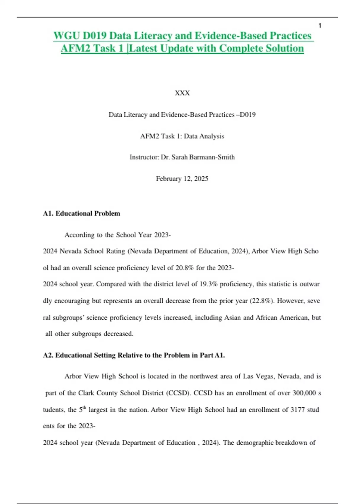 WGU D019 Data Literacy and Evidence-Based Practices AFM2 Task 1 |Latest ...