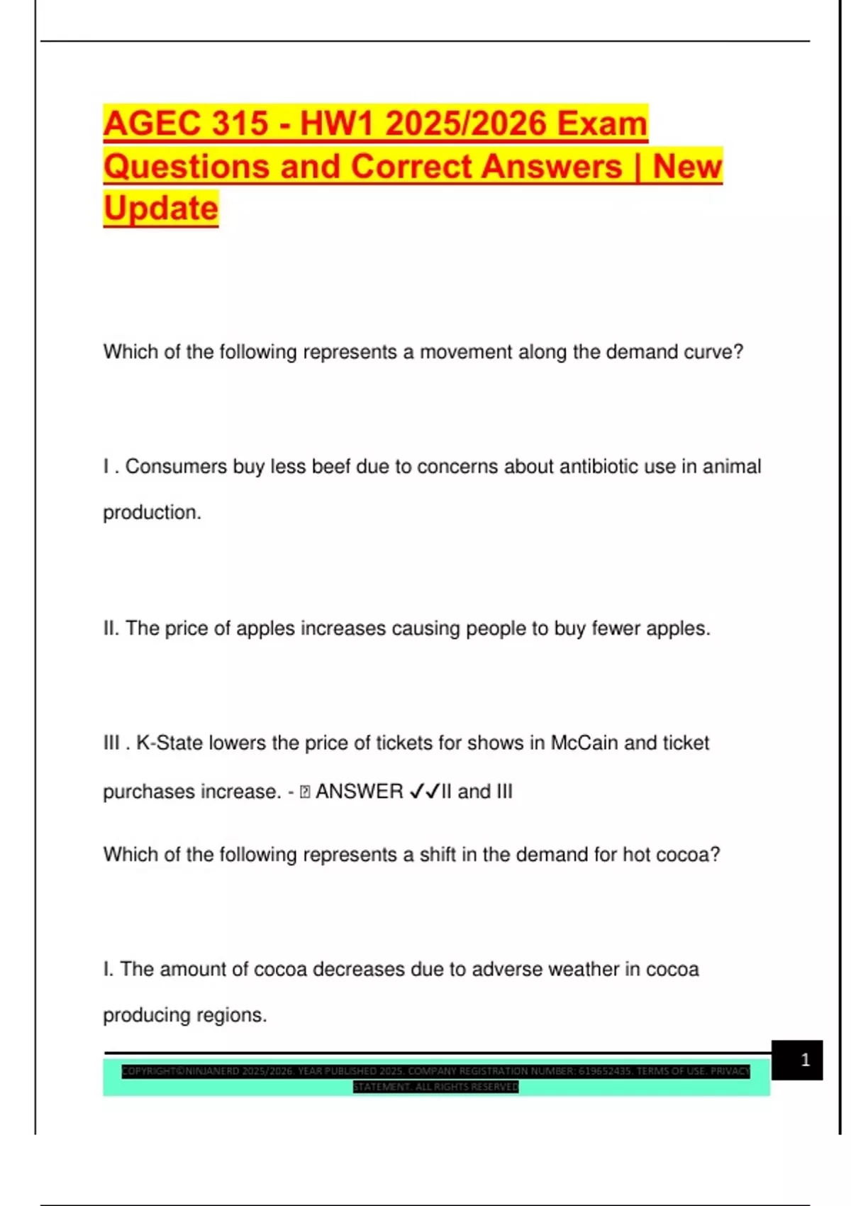 AGEC 315 - HW1 2025/2026 Exam Questions and Correct Answers | New Update - AGEC 315 - Stuvia US