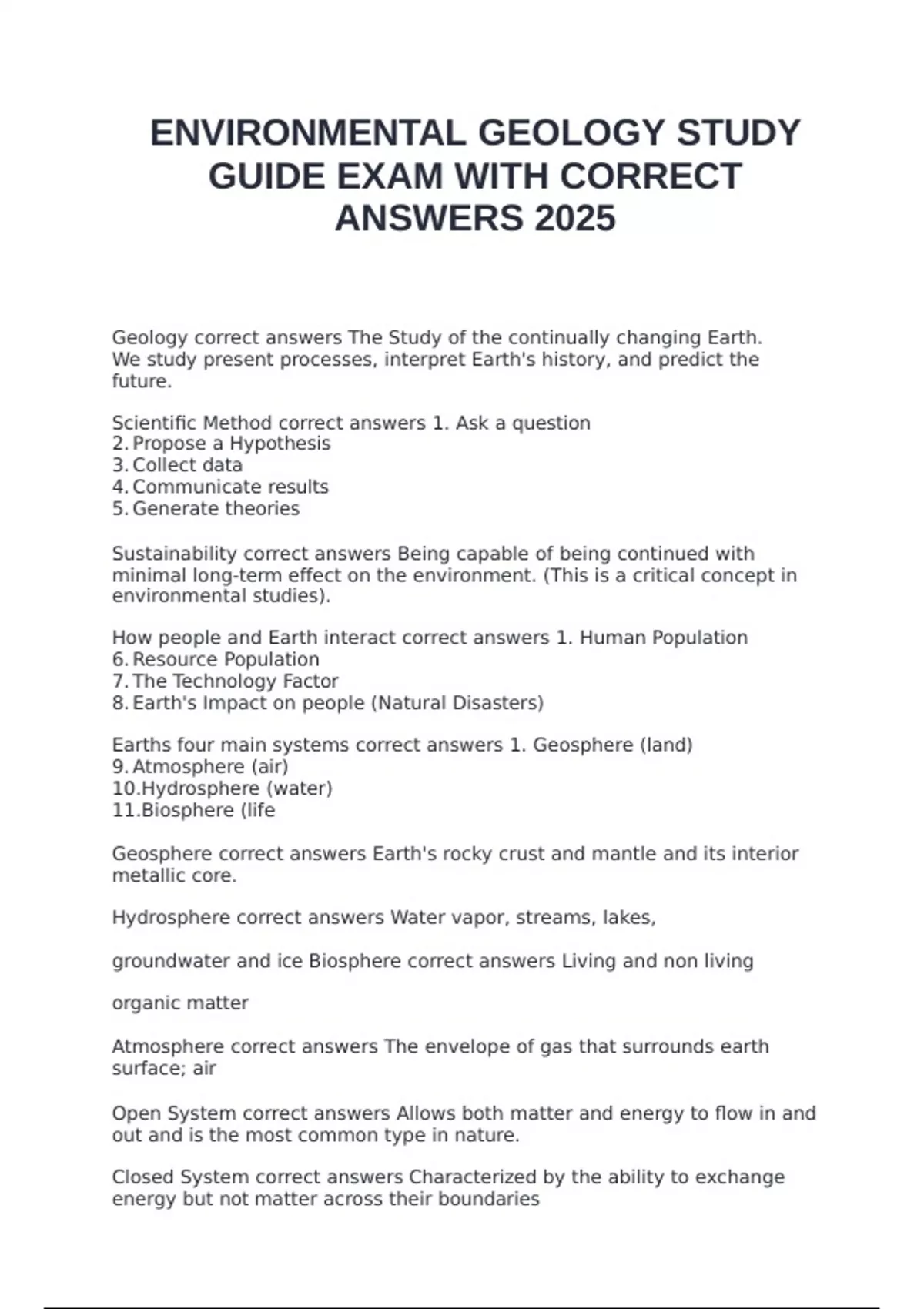 ENVIRONMENTAL GEOLOGY STUDY GUIDE EXAM WITH CORRECT ANSWERS 2025 ...