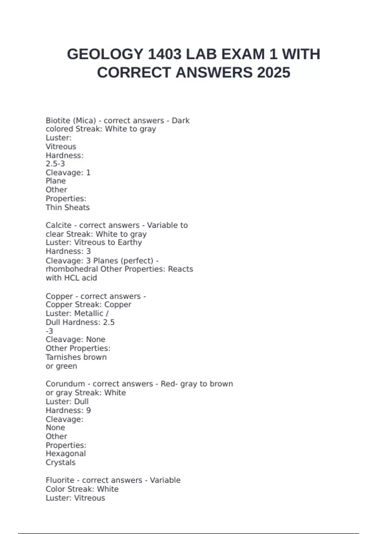 GEOLOGY 1403 LAB EXAM 1 WITH CORRECT ANSWERS 2025 - GEOLOGY 1403 LAB ...