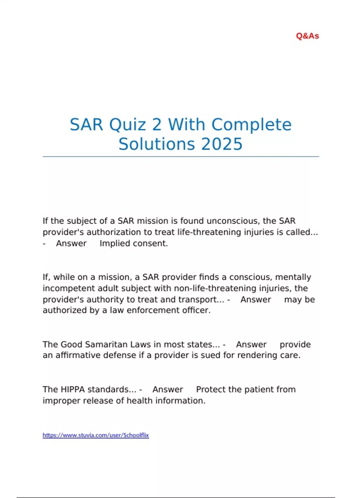 SAR Quiz 2 With Complete Solutions 2025 - SAR - Stuvia US