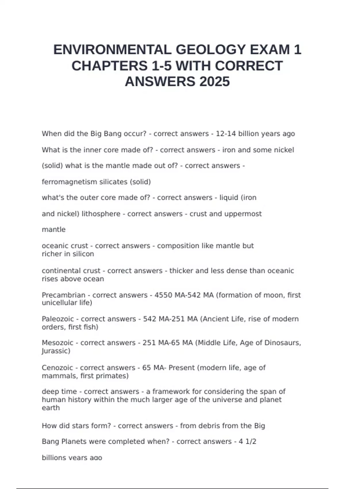 ENVIRONMENTAL GEOLOGY EXAM 1 CHAPTERS 1-5 WITH CORRECT ANSWERS 2025 ...