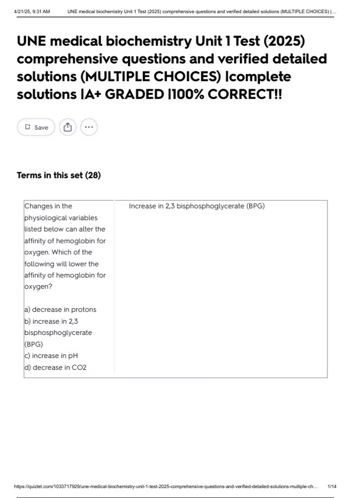 UNE medical biochemistry Unit 1 Test (2025) comprehensive questions and ...