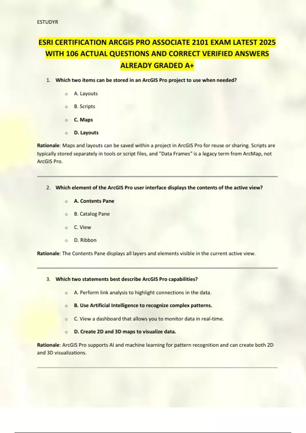 ESRI CERTIFICATION ARCGIS PRO ASSOCIATE 2101 EXAM LATEST 2025 WITH 106 ...