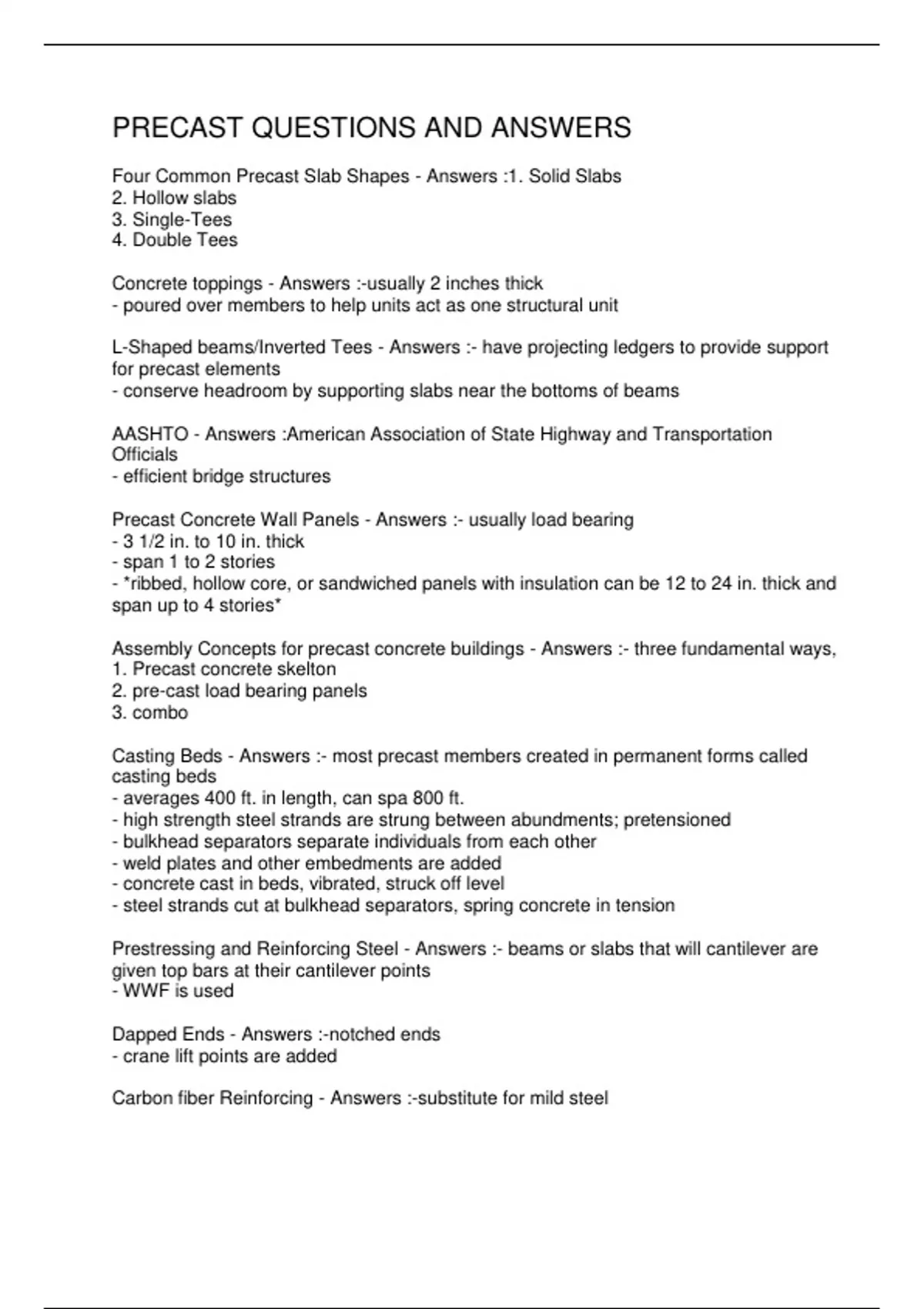 PRECAST QUESTIONS AND ANSWERS - PRECAST - Stuvia US