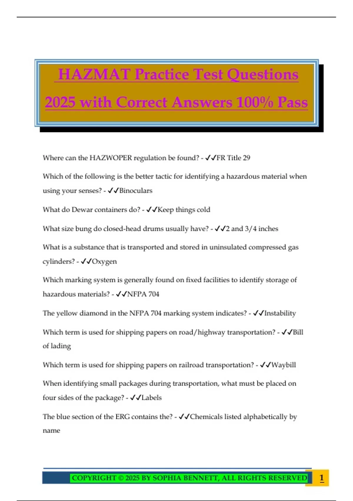 HAZMAT Practice Test Questions 2025 with Correct Answers 100% Pass ...