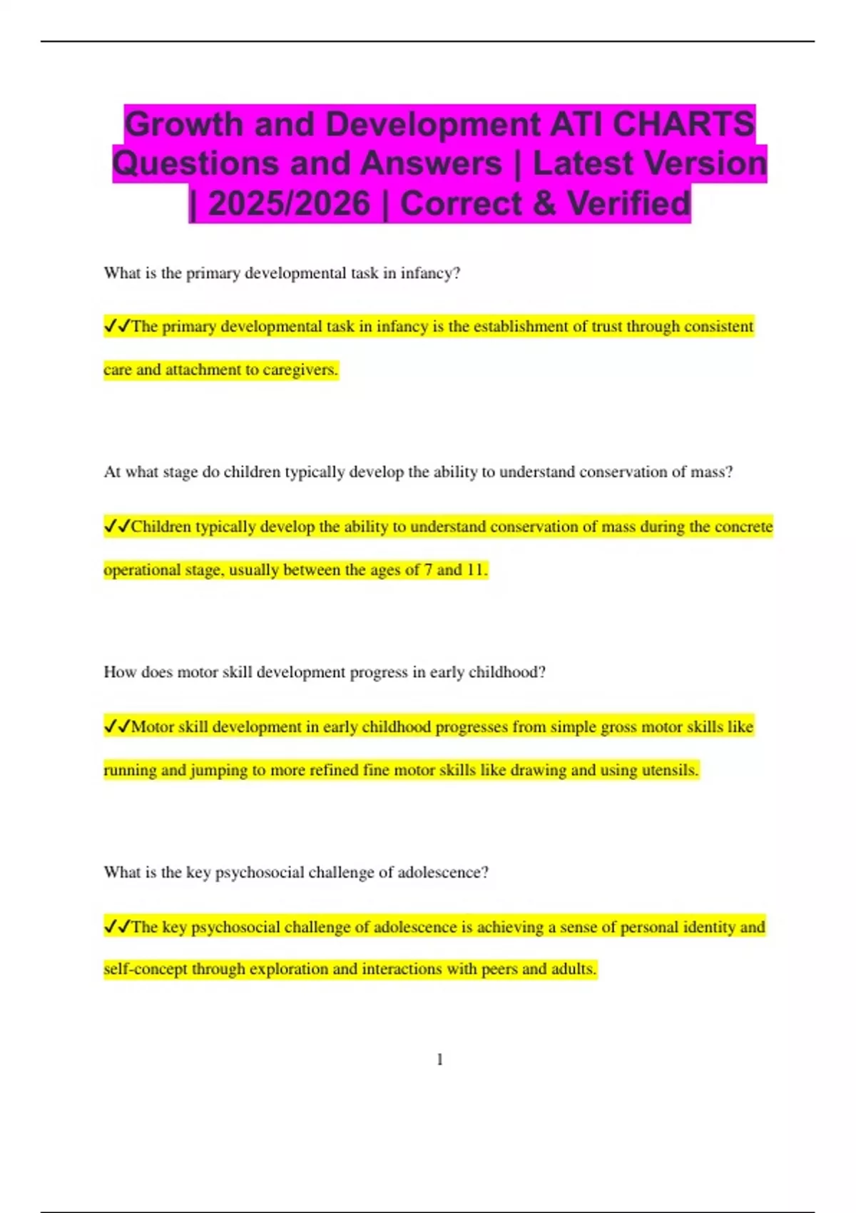 Growth and Development ATI CHARTS Questions and Answers | Latest ...