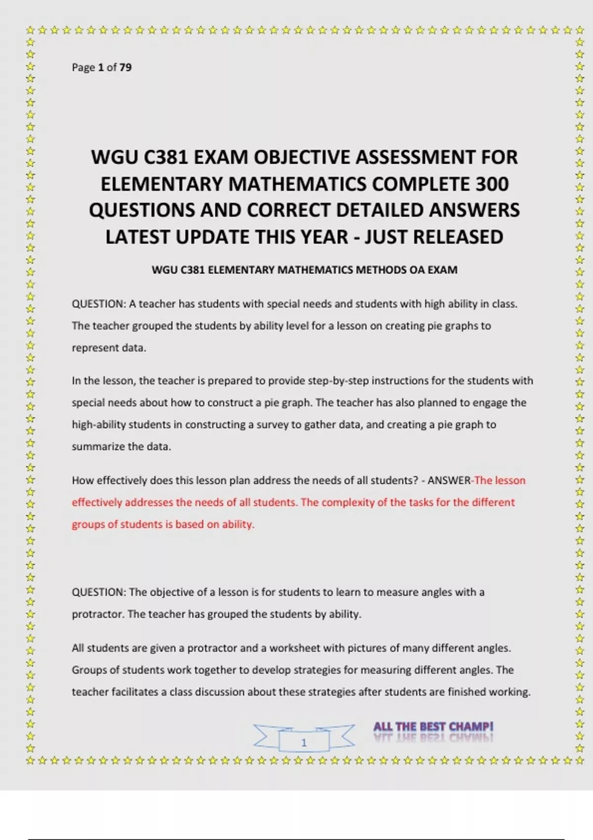 WGU C381 EXAM OBJECTIVE ASSESSMENT FOR ELEMENTARY MATHEMATICS COMPLETE ...