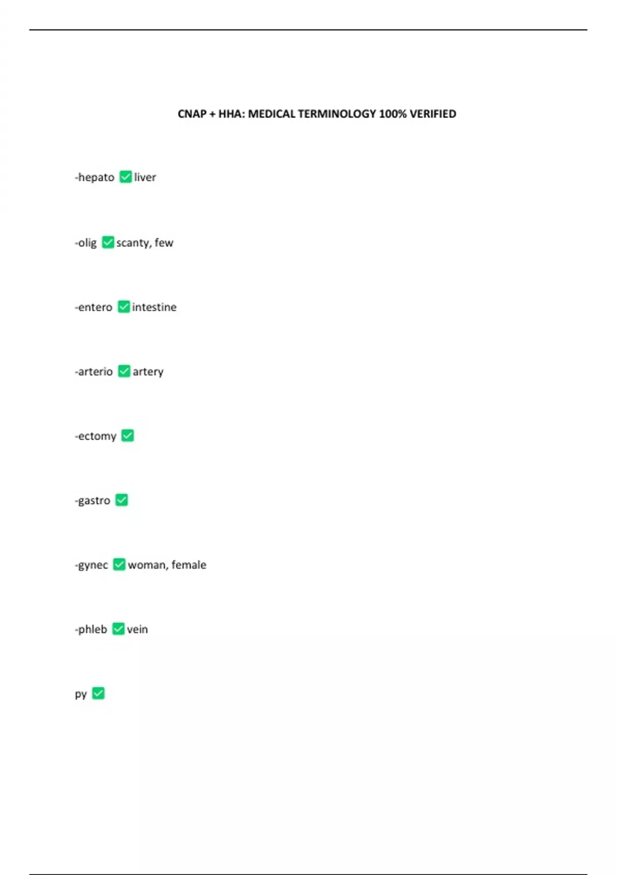 CNAP + HHA: MEDICAL TERMINOLOGY 100% VERIFIED - CNAP + HHA - Stuvia US