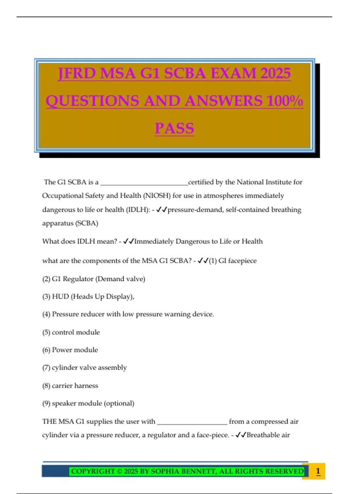 JFRD MSA G1 SCBA EXAM 2025 QUESTIONS AND ANSWERS 100% PASS - MSA G1 SCBA - Stuvia US