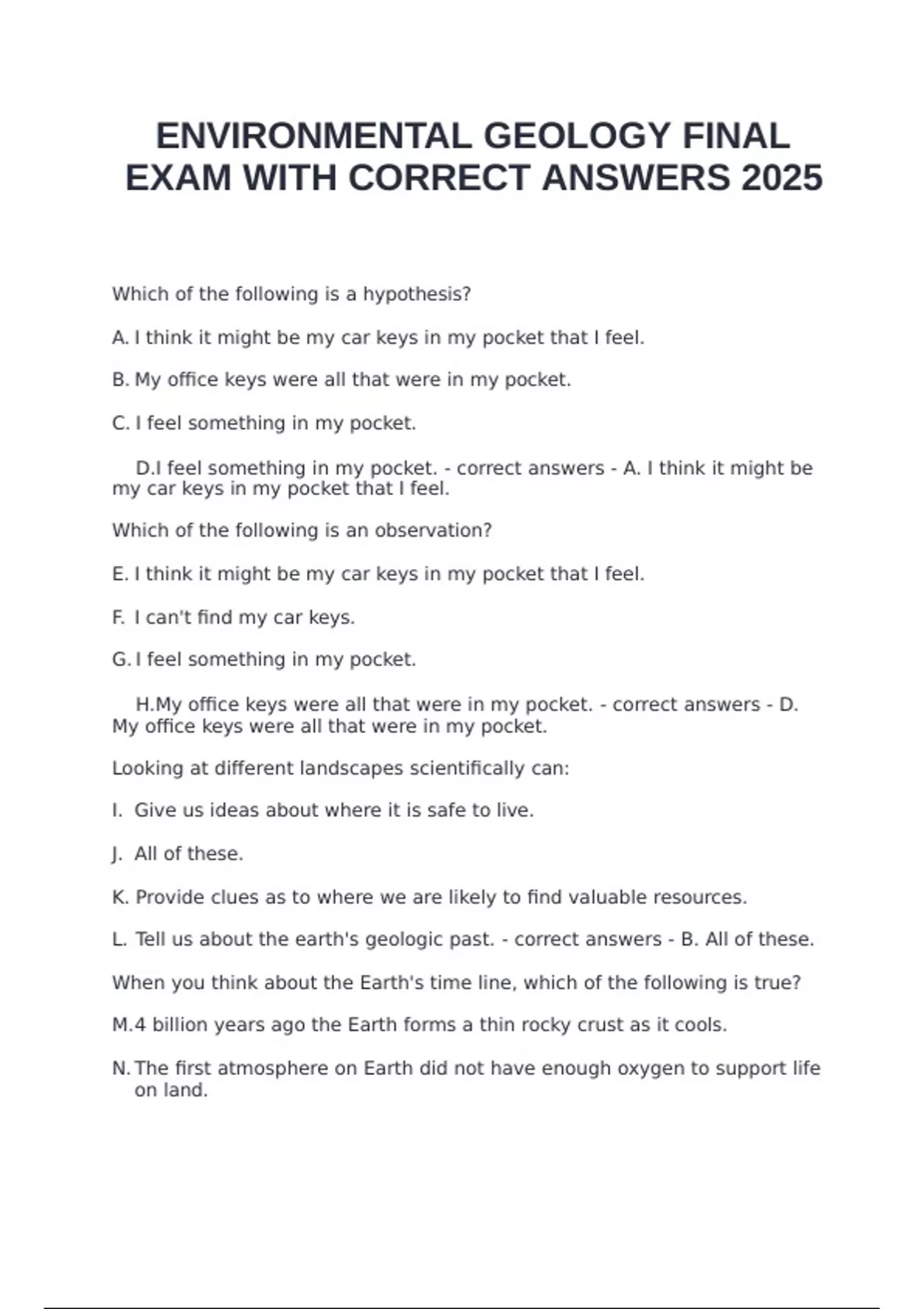 ENVIRONMENTAL GEOLOGY FINAL EXAM WITH CORRECT ANSWERS 2025 ...