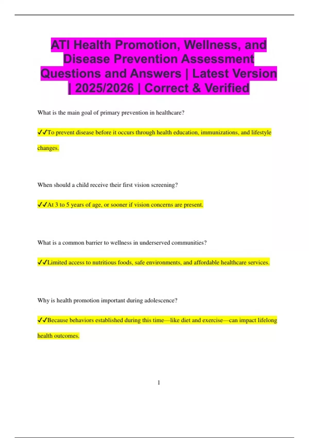 ATI Health Promotion, Wellness, and Disease Prevention Assessment ...