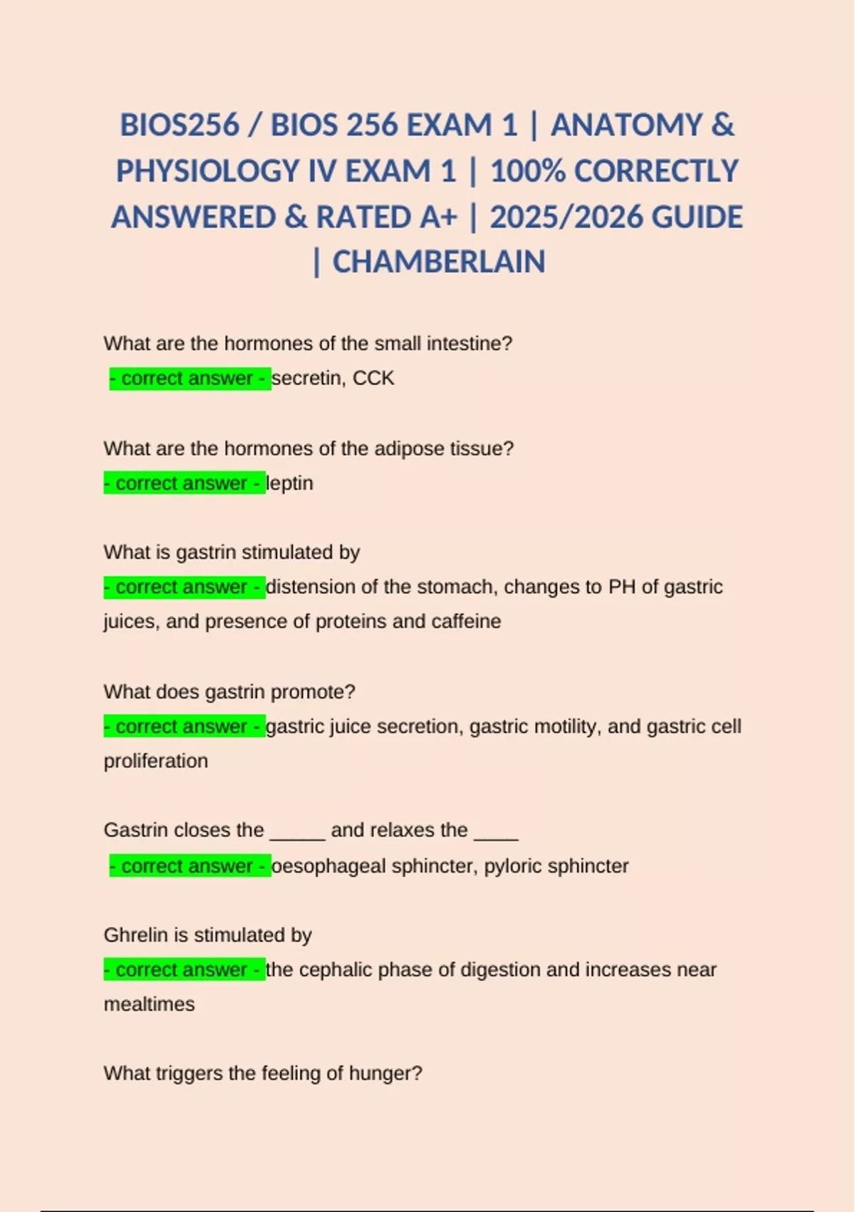 BIOS256 / BIOS 256 EXAM 1 | ANATOMY & PHYSIOLOGY IV EXAM 1 | 100% ...