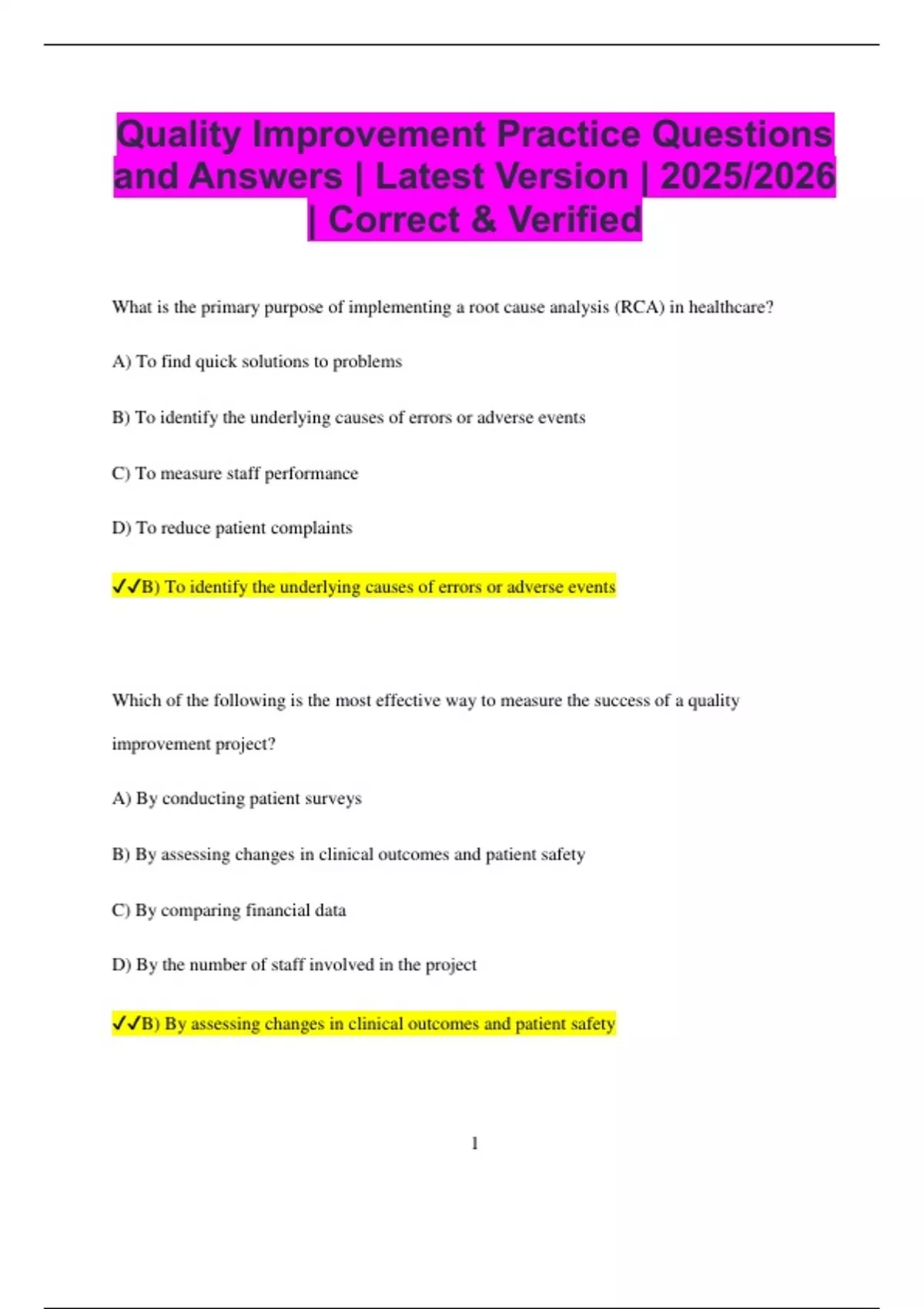 Quality Improvement Practice Questions and Answers | Latest Version ...