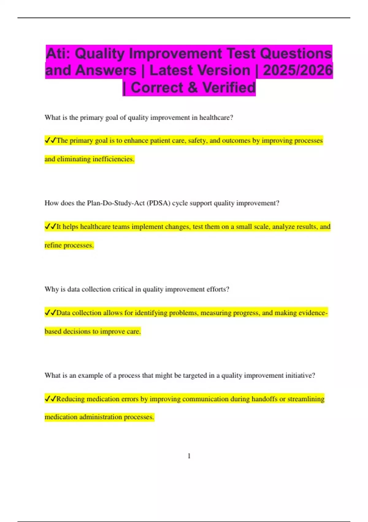 Ati: Quality Improvement Test Questions and Answers | Latest Version ...