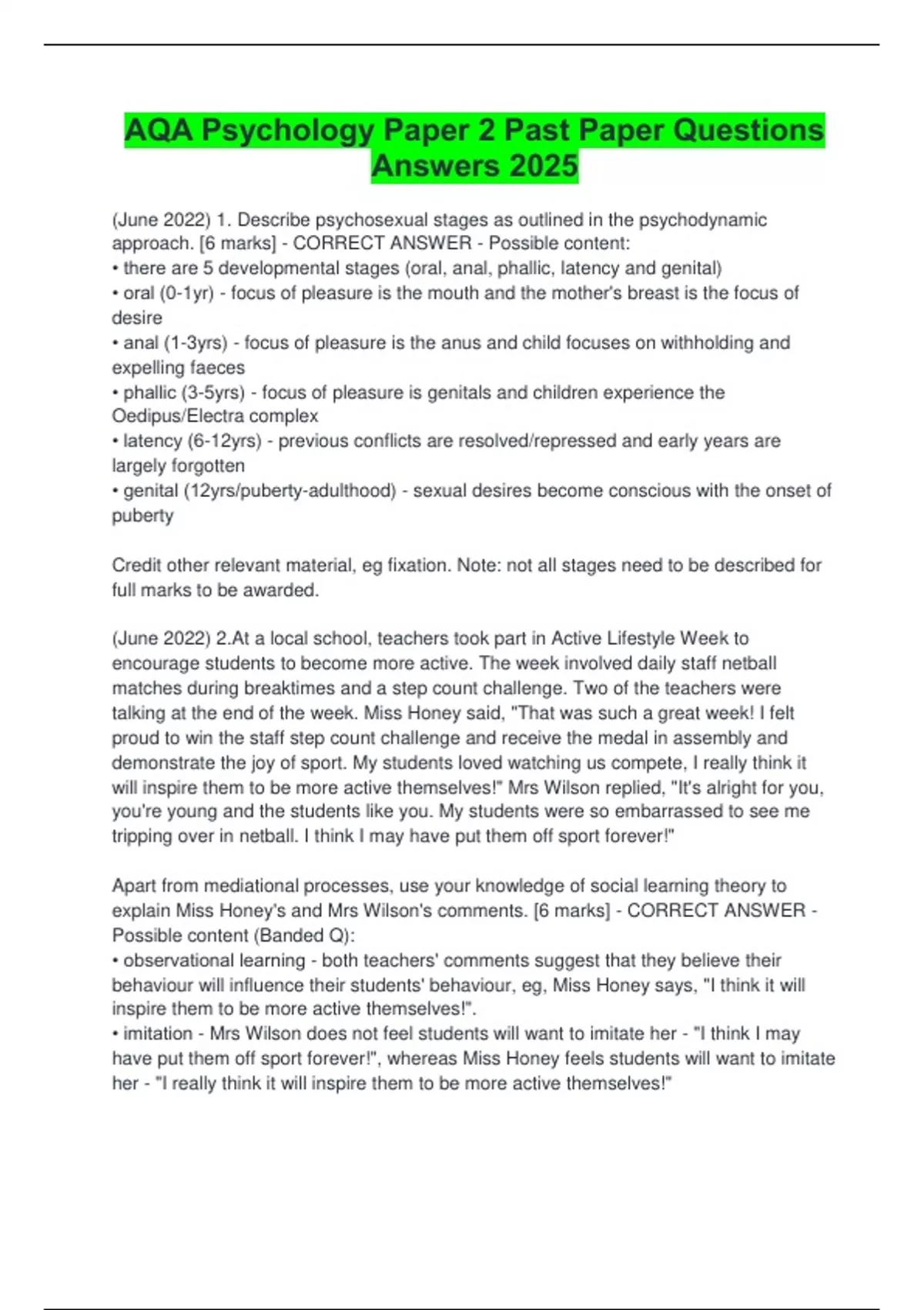 AQA Psychology Paper 2 Past Paper Questions Answers 2025 - AQA ...