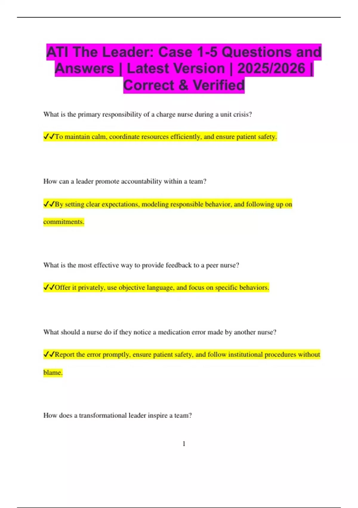 ATI The Leader: Case 1-5 Questions and Answers | Latest Version | 2025/ ...