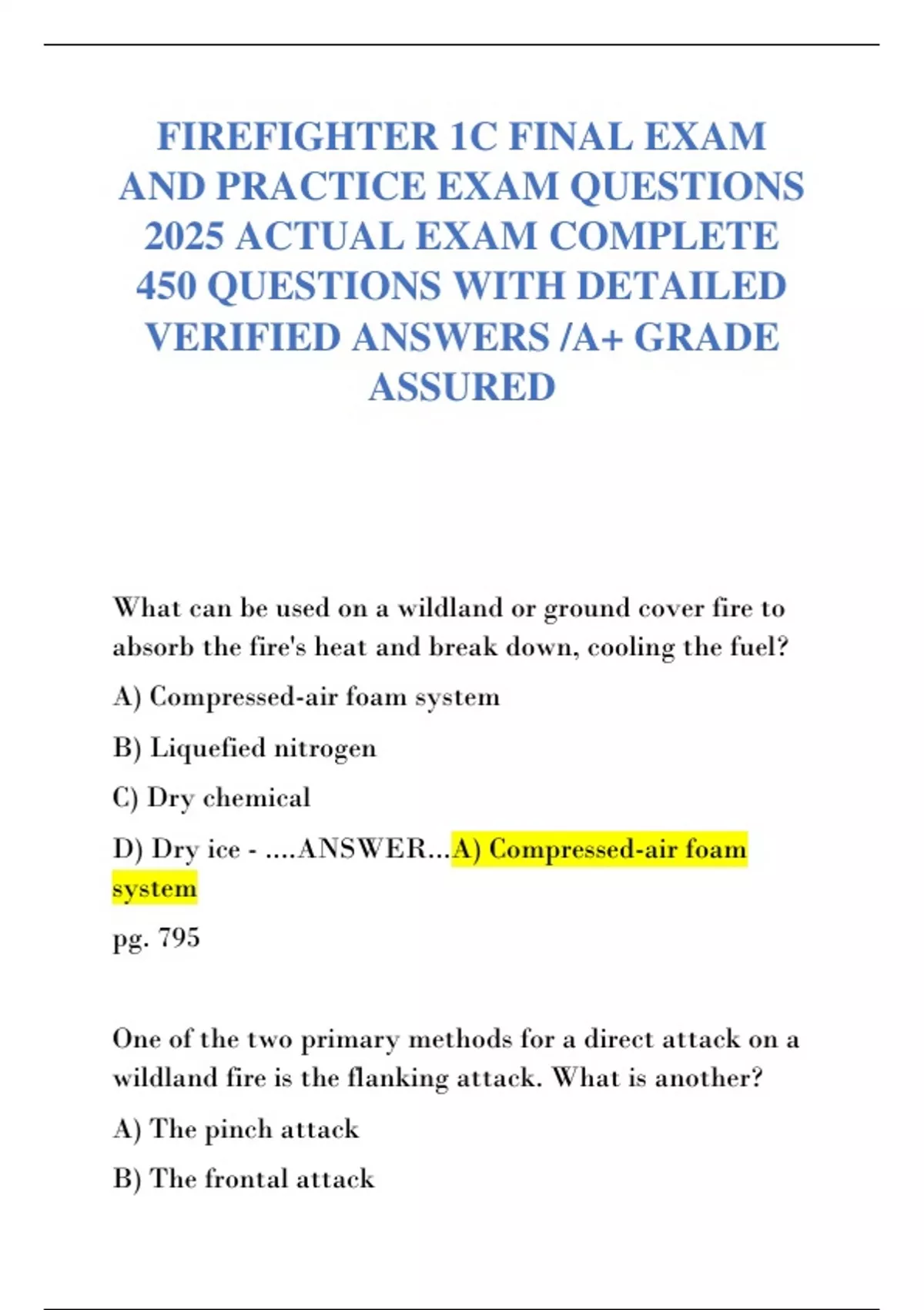 FIREFIGHTER 1C FINAL EXAM AND PRACTICE EXAM QUESTIONS 2025 ACTUAL EXAM COMPLETE 450 QUESTIONS ...