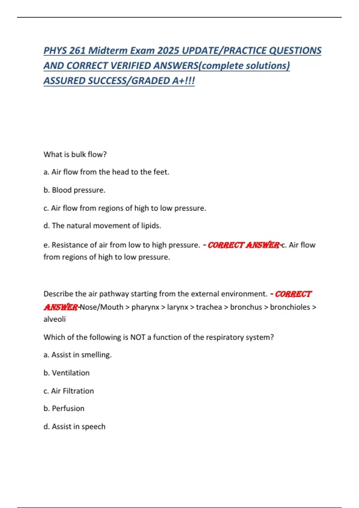 PHYS 261 Midterm Exam 2025 UPDATE/PRACTICE QUESTIONS AND CORRECT VERIFIED ANSWERS(complete ...