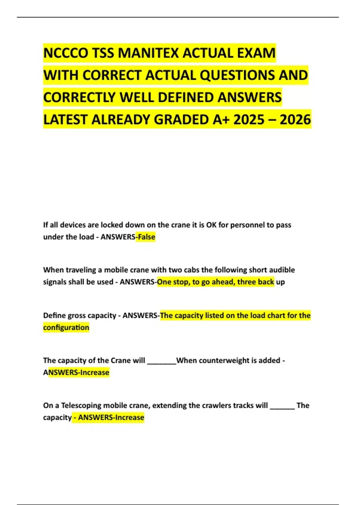 NCCCO TSS MANITEX ACTUAL EXAM WITH CORRECT ACTUAL QUESTIONS AND ...