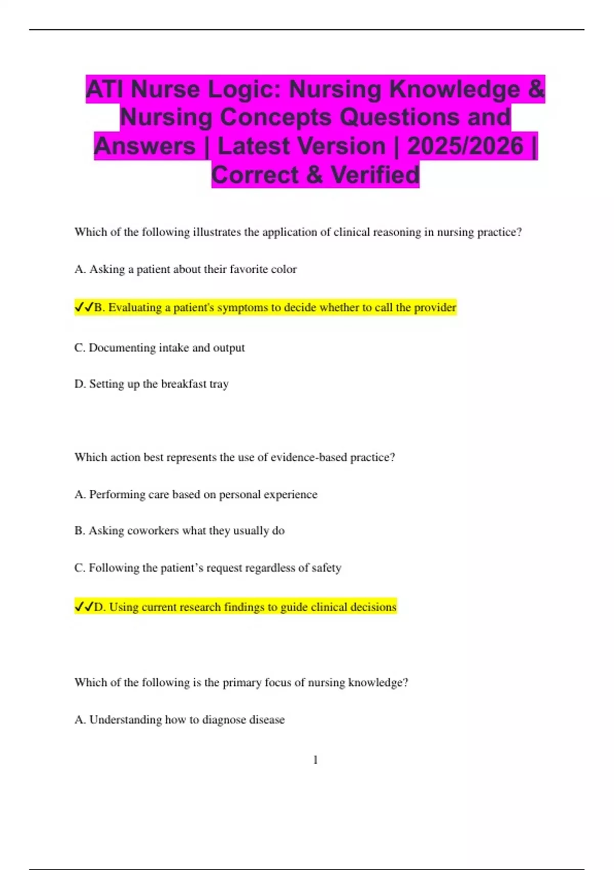 ATI Nurse Logic: Nursing Knowledge & Nursing Concepts Questions and ...