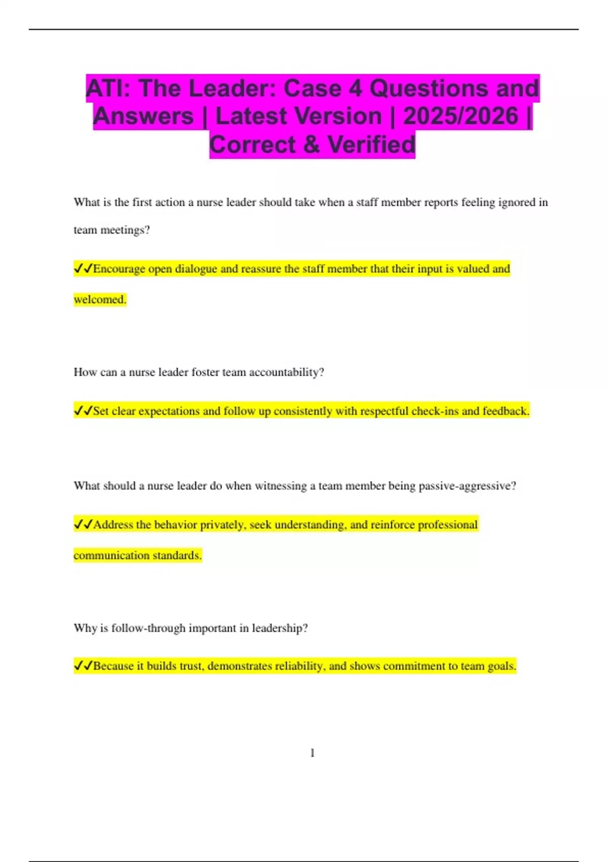 ATI: The Leader: Case 4 Questions and Answers | Latest Version | 2025/ ...