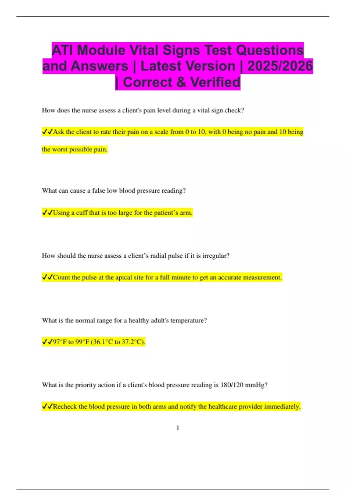 ATI Module Vital Signs Test Questions and Answers | Latest Version ...
