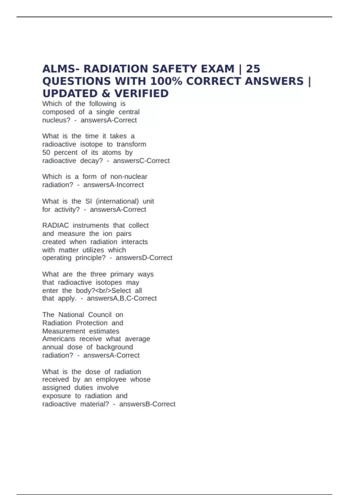 ALMS- Radiation Safety Exam | 25 Questions with 100% Correct Answers ...