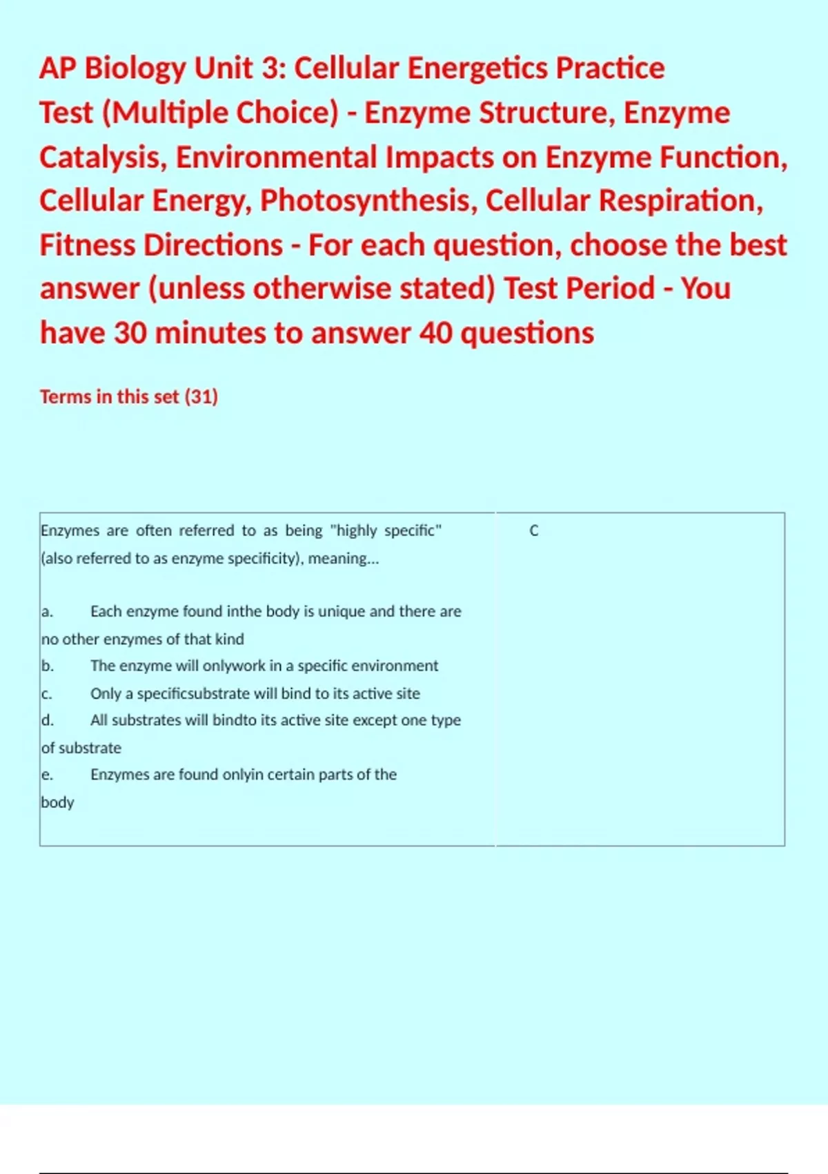 AP Biology Unit 3: Cellular Energetics Practice Test (Multiple Choice ...